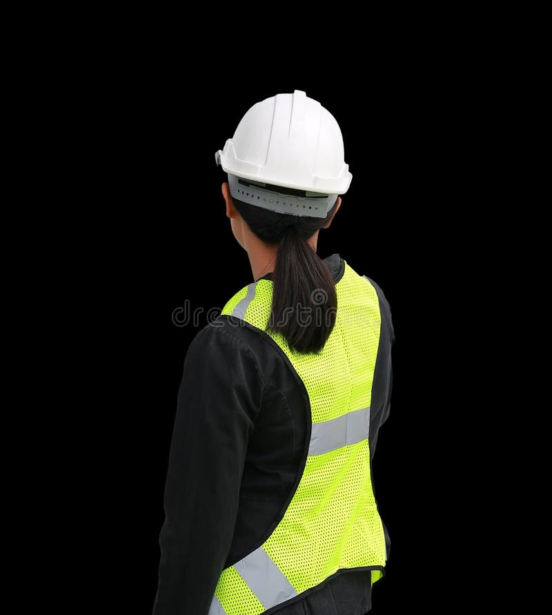 Back View of Female Construction Worker Isolated on Black Background ...