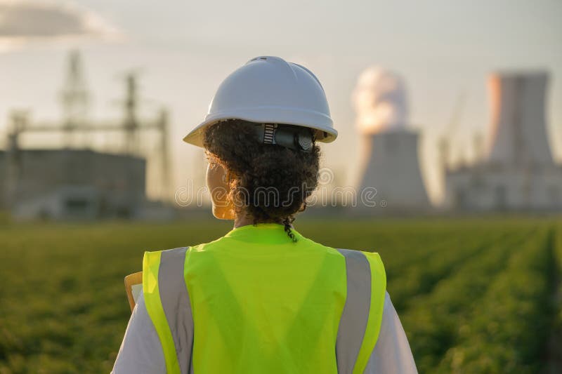 Back View of Female Engineer Constructor Stands on Field on Industrial ...