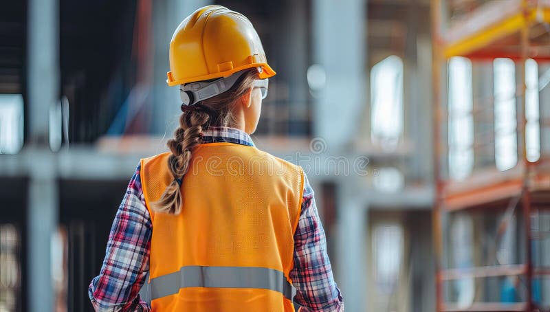 Back View of Female Engineer in Hardhat Looking Away on Construction ...