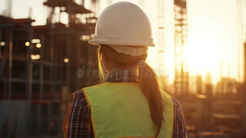 Back View of Female Engineer Overlooking Construction on a Building ...