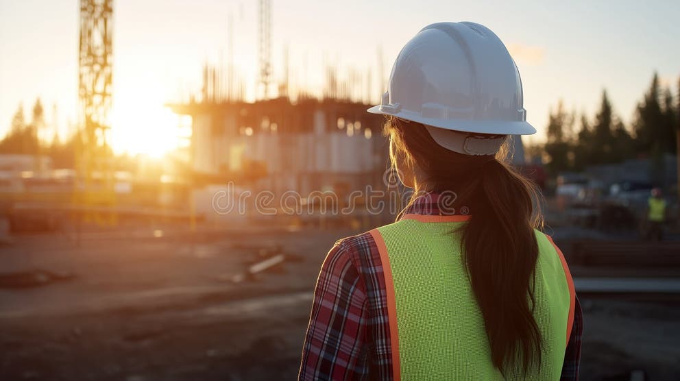Back View of Female Engineer Overlooking Construction on a Building ...