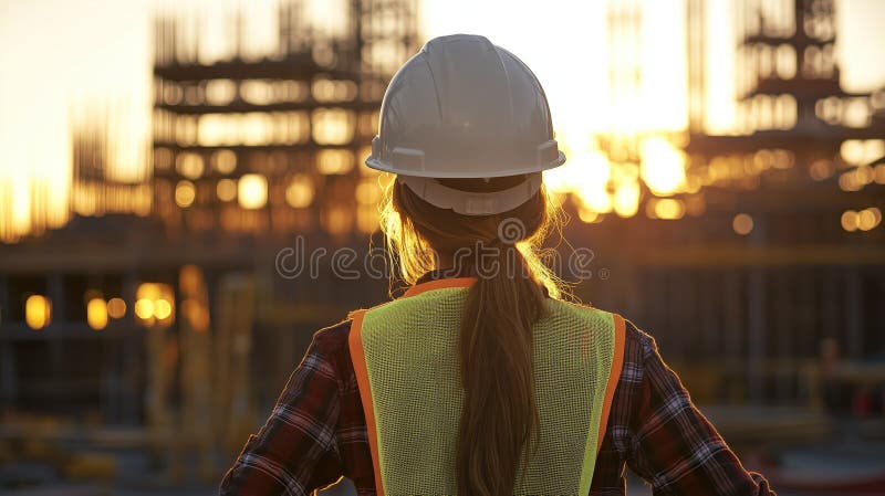 Back View of Female Engineer Overlooking Construction on a Building ...