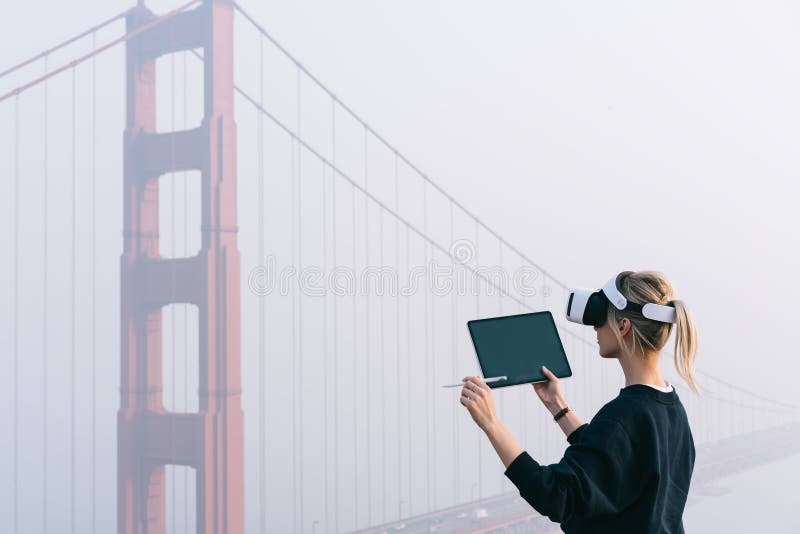 Unrecognizable Woman in VR Goggles Using Tablet Stock Image - Image of ...