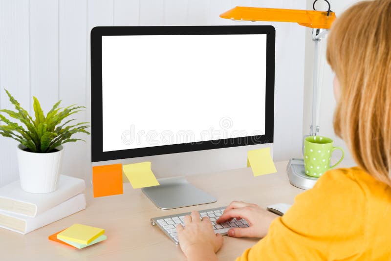 Back View of Female Office Worker Typing on the Keyboard Stock Photo ...