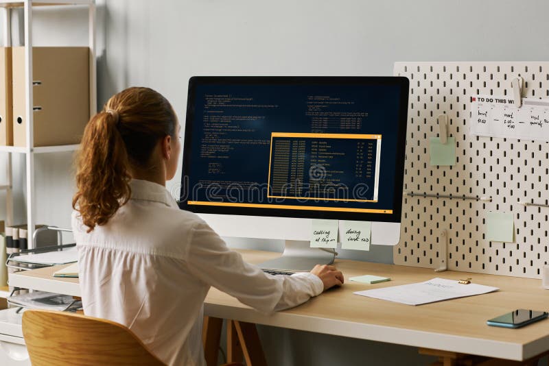 Back View Female Programmer Writing Code Working at Desk Stock Photo ... Back View Female Programmer Writing Code Working at Desk Stock Photo ...