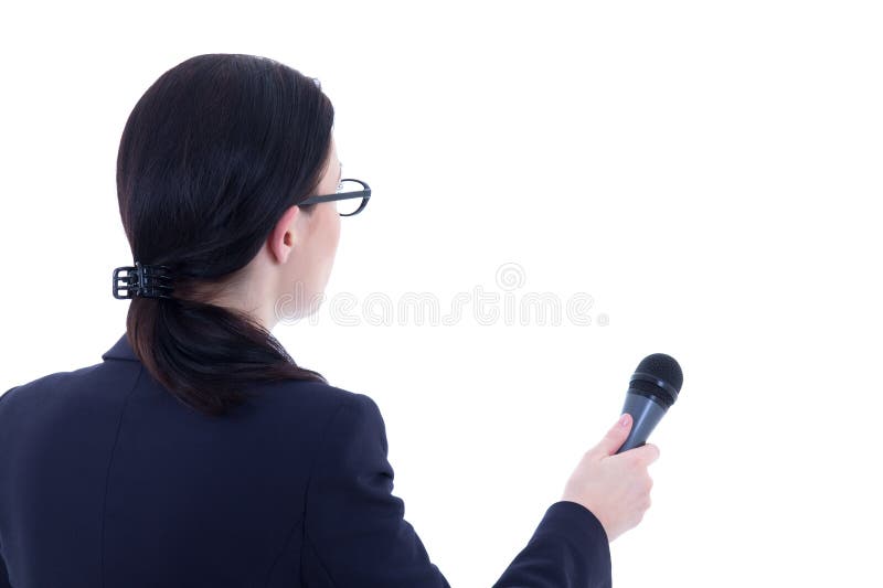 Back View of Female Reporter with Microphone Isolated on White Stock ...