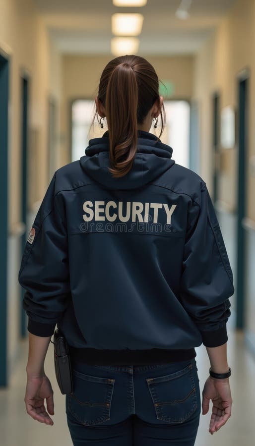 Female Security Guard Walking in a Hallway, Back View. Safety Concept ...
