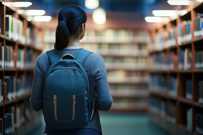 Back View of a Female Student with a Backpack, Immersed in the World of ...