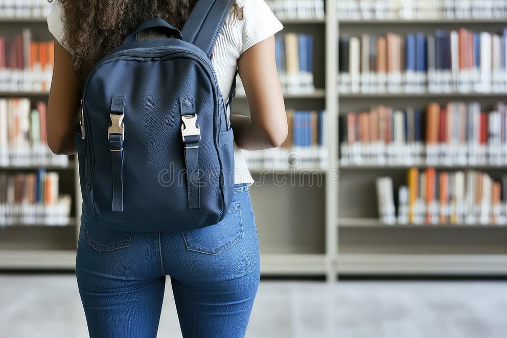 Back View of a Female Student with Backpack in a Library. Stock Photo ...