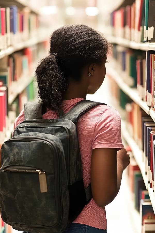 Back View of a Female Student with Backpack in a Library. Stock Photo ...