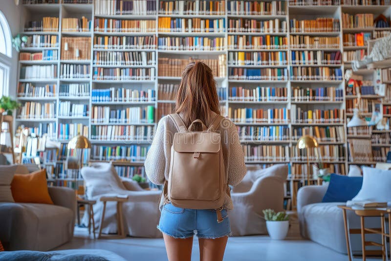 Back View of a Female Student with Backpack in a Library. Stock Photo - Image of development ...