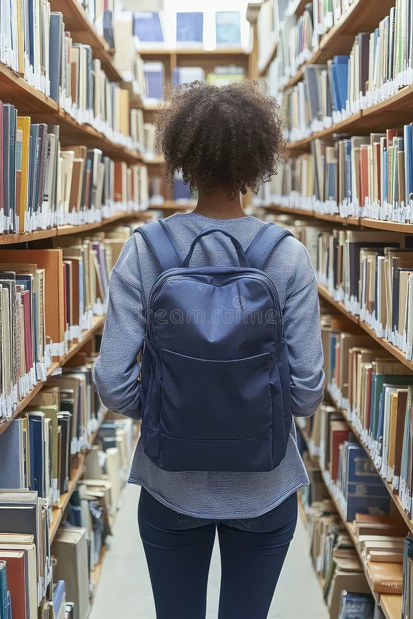 Back View of a Female Student with Backpack in a Library. Stock Image ...