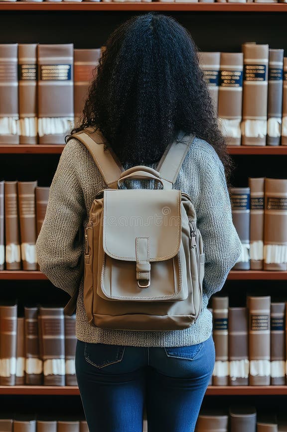 Back View of a Female Student with Backpack in a Library. Stock Photo ...