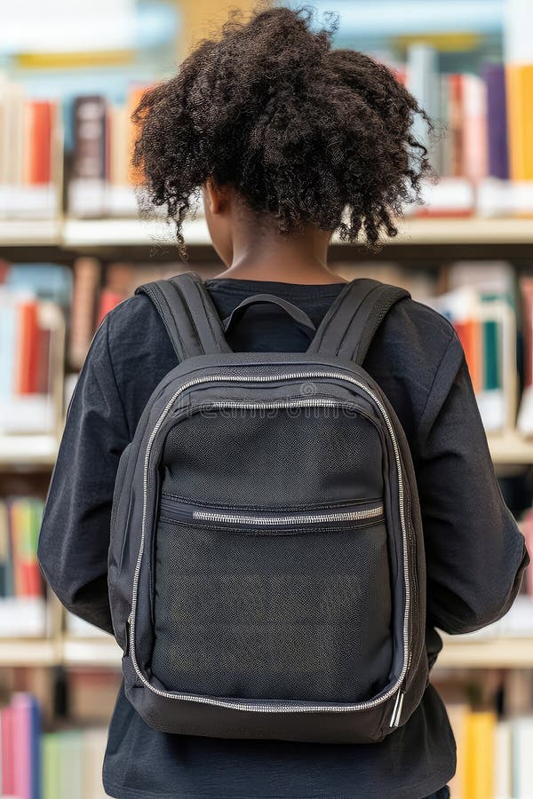 Back View of a Female Student with Backpack in a Library. Stock Photo ...