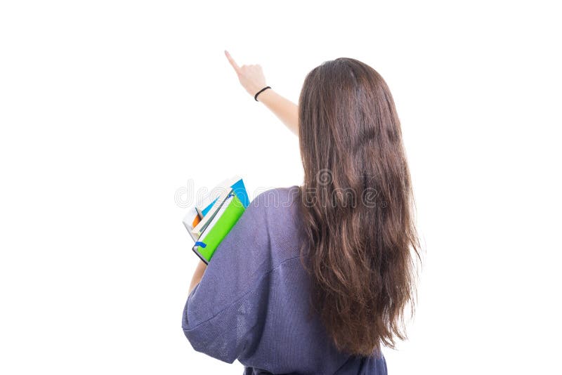Back View of Female Student Pointing on Background Stock Image - Image ...