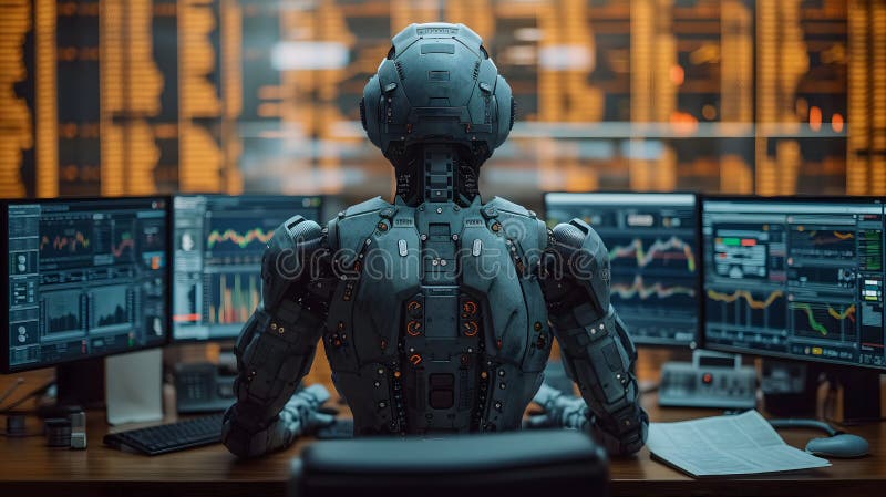 Back View of a Financial Analyst Day Trader Robot Working on Computer ...