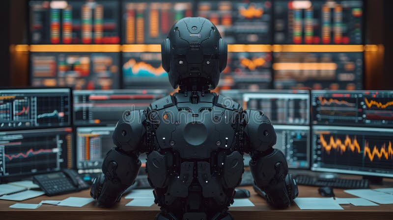 Back View of a Financial Analyst Day Trader Robot Working on Computer ...