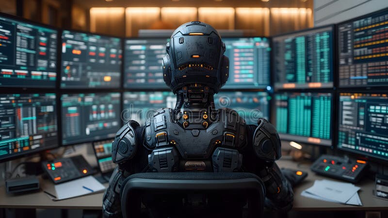 Back View of a Financial Analyst Day Trader Robot Working on Computer with Many Screens that ...