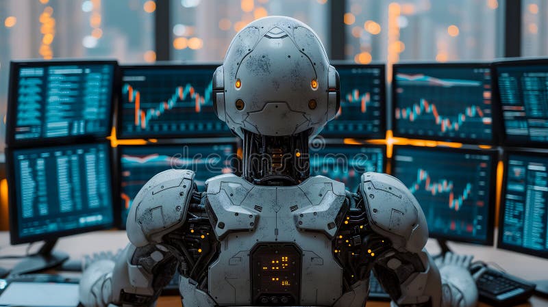 Back View Of A Financial Analyst Day Trader Robot Working On Computer