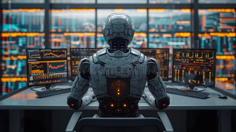 Back View of a Financial Analyst Day Trader Robot Working on Computer ...