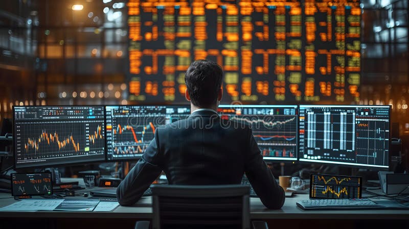 Back View of a Financial Analyst Day Trader Working on Computer with ...