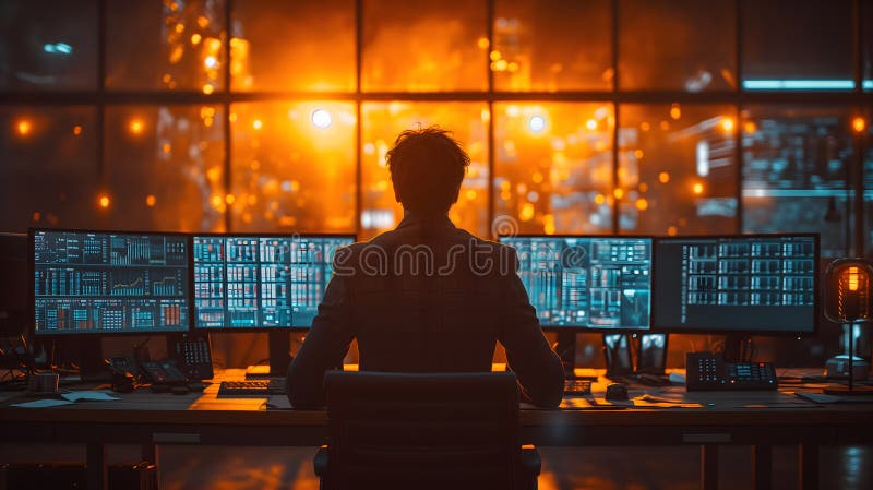 Back View of a Financial Analyst Day Trader Working on Computer with Many Screens that Shows ...
