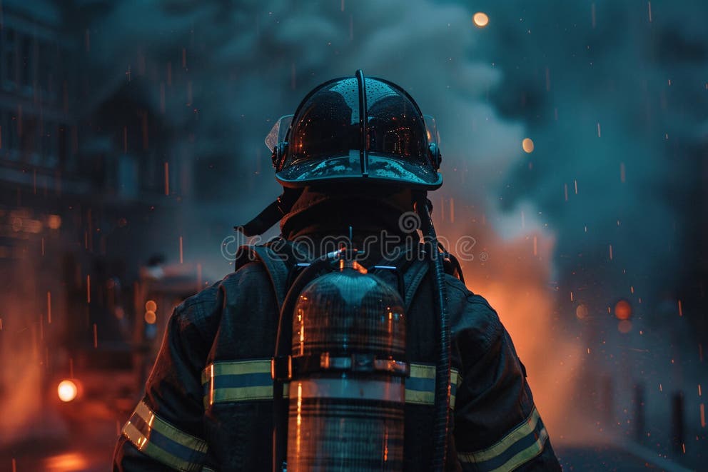 Back View of Firefighter with Helmet and Oxygen Flask Stock ...