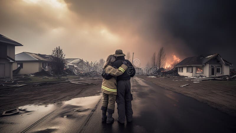 Back View of Firefighter Man an Woman Watching on Fire an Hugging Stock ...