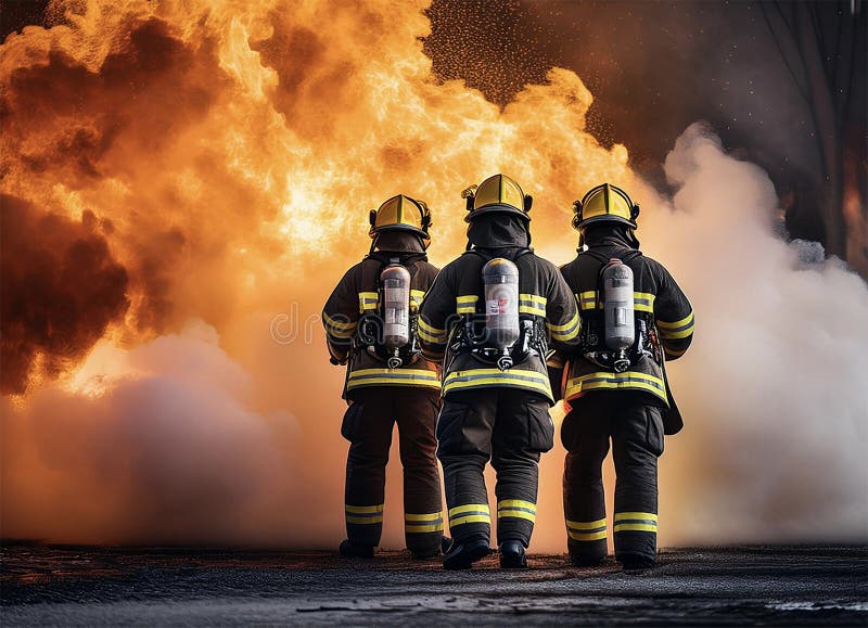 Back View of a Firefighter Team in Action, Wearing Protective Helmets ...