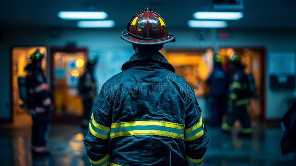 Back View of a Firefighter in Uniform Inside a Fire Station. Stock ...