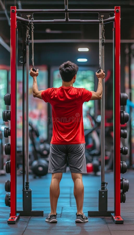 Back View of a Fit Man Exercising on a Cable Machine, Building Strength ...