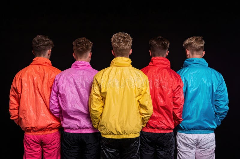 Back View of Five Men in Colorful 80s Style Windbreakers Stock ...