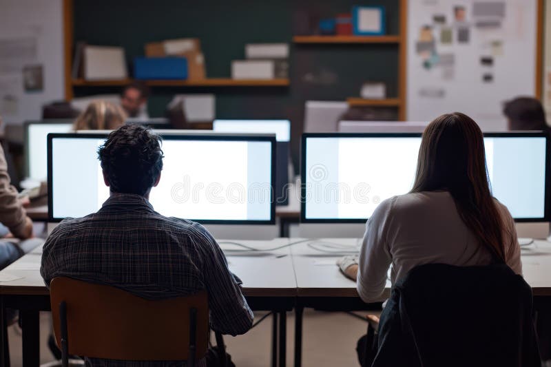 Adults Working on Computers with Blank Screens in Training Room Stock ...