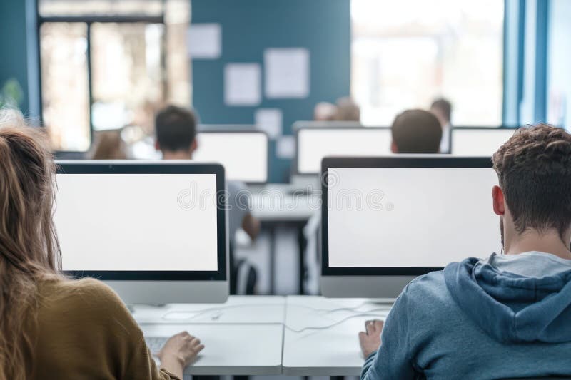 Adults Working on Computers with Blank Screens in Training Room Stock ...