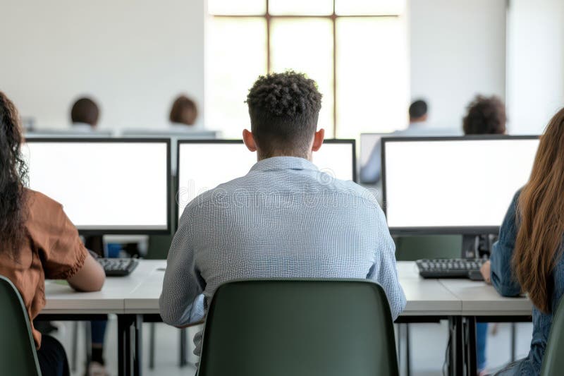 Adults Working on Computers with Blank Screens in Training Room Stock ...