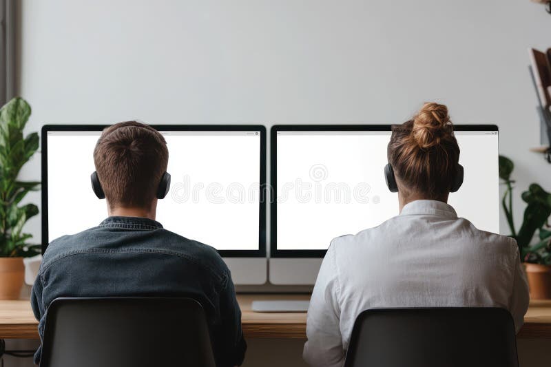 Adults Working on Computers with Blank Screens in Training Room Stock ...