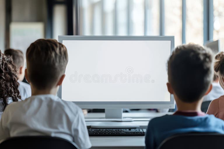 Back View of Focused Kids Using Computers in Classroom Setting Stock ...