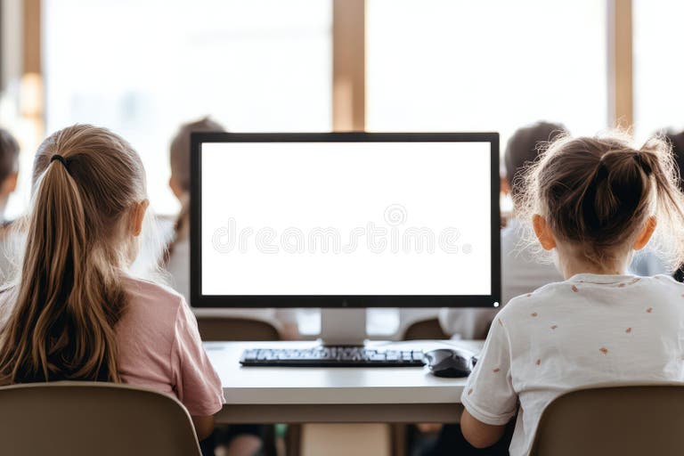 Back View of Focused Kids Using Computers in Classroom Setting Stock ...