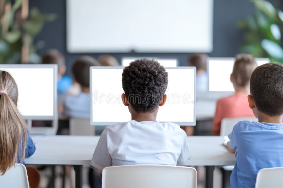 Back View of Focused Kids Using Computers in Classroom Setting Stock ...