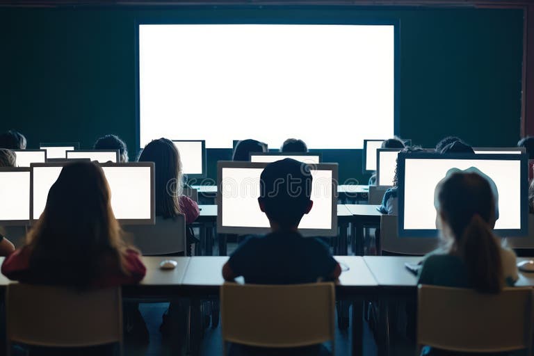 Back View of Focused Kids Using Computers in Classroom Setting Stock ...