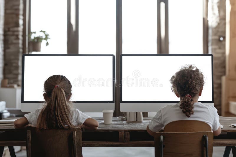 Back View of Focused Kids Using Computers in Classroom Setting Stock ...