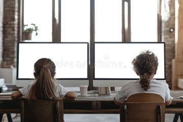 Back View of Focused Kids Using Computers in Classroom Setting Stock ...