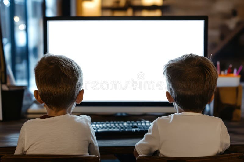 Back View of Focused Kids Using Computers in Classroom Setting Stock ...