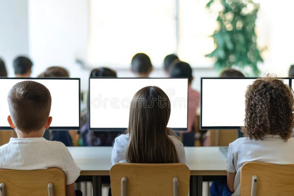 Back View of Focused Kids Using Computers in Classroom Setting Stock ...