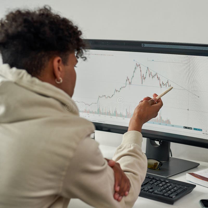 Back View of Focused Young Male Trader Looking at Computer Screen ...