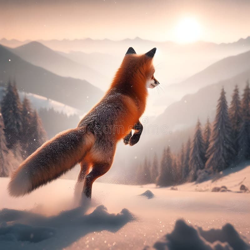 Back View of Fox Jumping in Snow Forest Mountains Stock Illustration ...