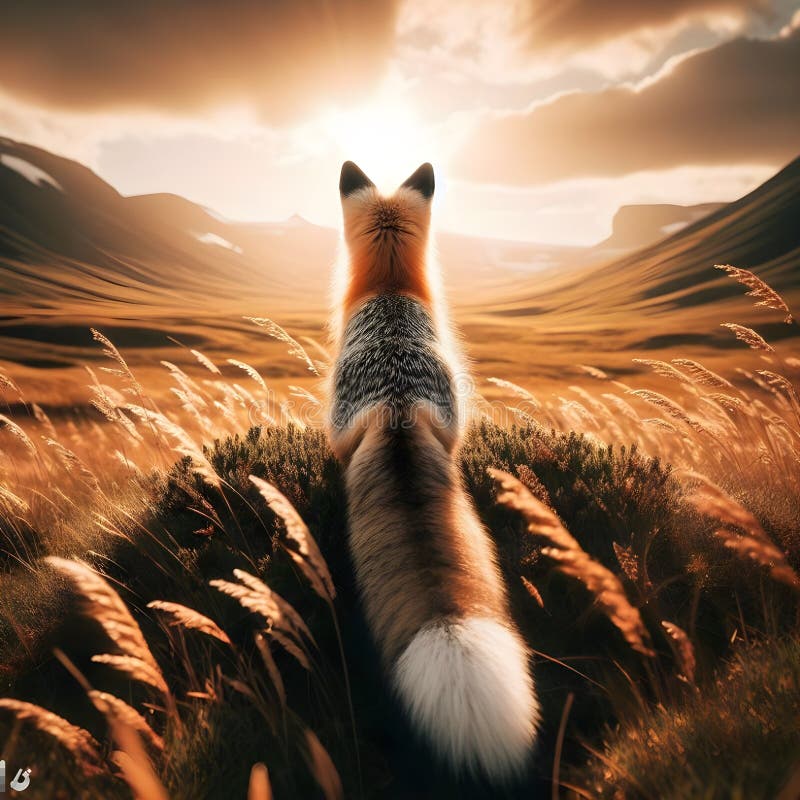 Back View of Fox Looking Out on Mountainous Meadow Stock Illustration ...