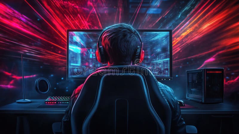 Back View of a Gamer Sitting at a Computer Desk with Neon Lighting ...
