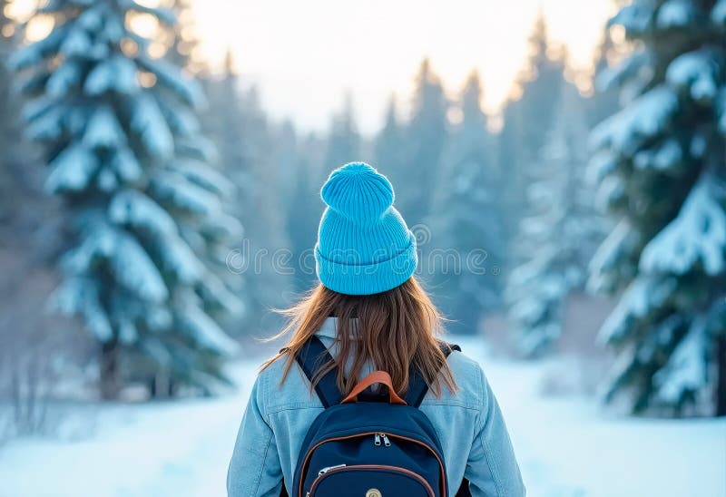 Back View of Girl in a Blue Hat with Backpack Walking in the Winter ...