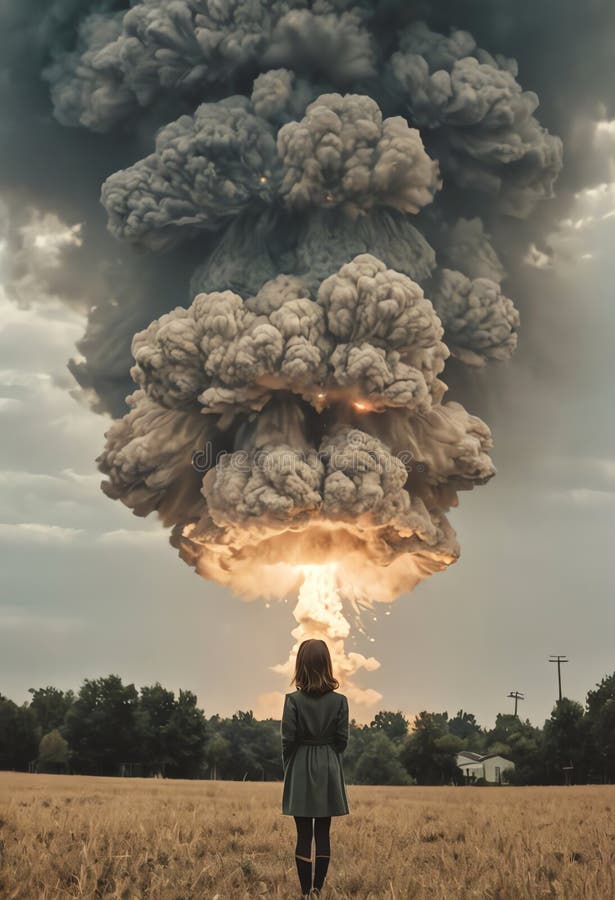 Back View of Girl in the Field Looking an Atomic Explosion in City ...